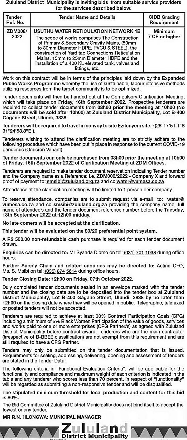 Usuthu water reticulation network 1B: Construction of primary ...