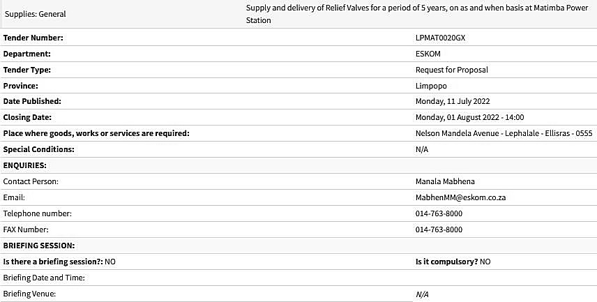 Supply & delivery of relief valves at Matimba power station for 5 years