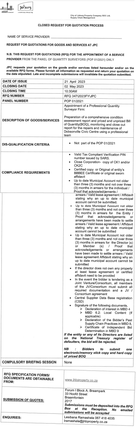 Appointment of professional quantity surveyor firm for preparation of ...