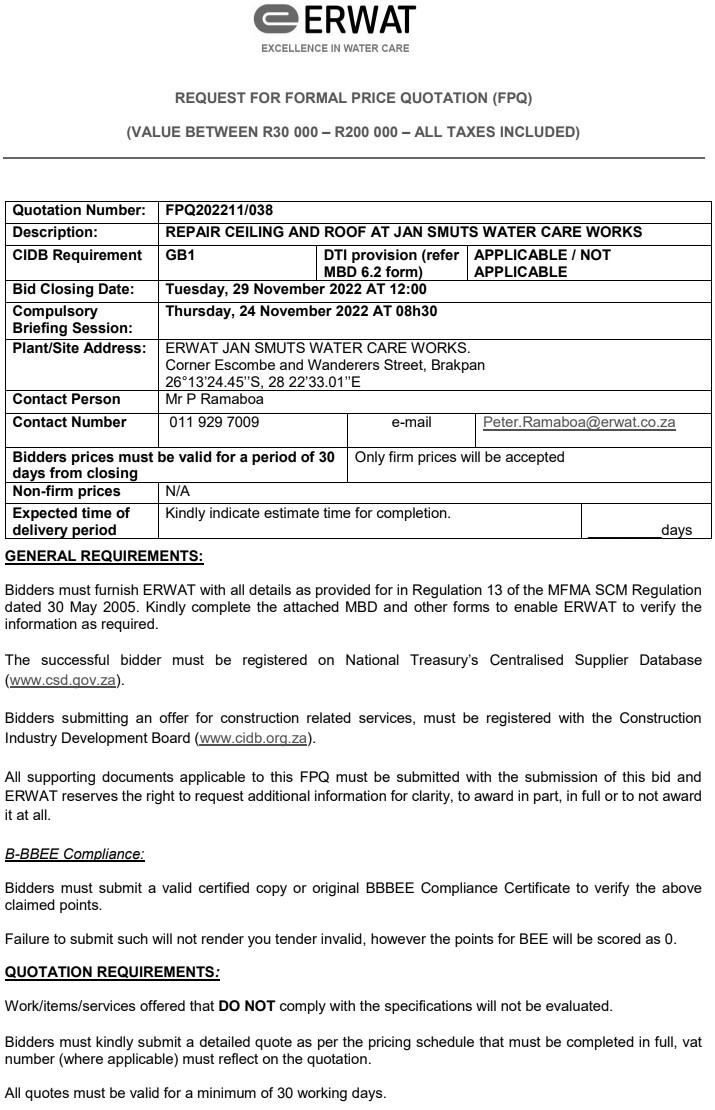 Repair ceiling & roof at Jan Smuts Water care works