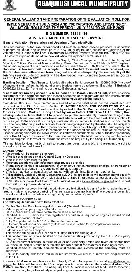 General valuation & preparation of valuation roll for implementation on ...