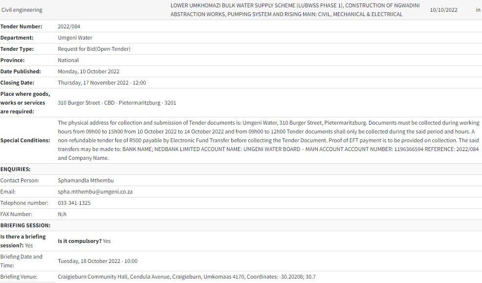 Construction of Ngwadini abstraction works, pumping system & rising ...