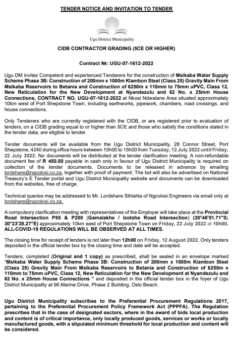 Construction of Klambon steel gravity main from Msikaba reservoirs to ...
