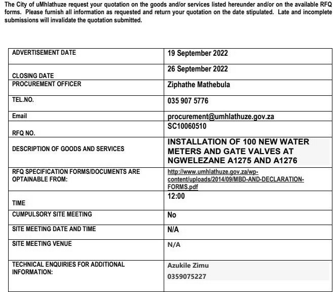 Installation of 100 new water meters & gate valves