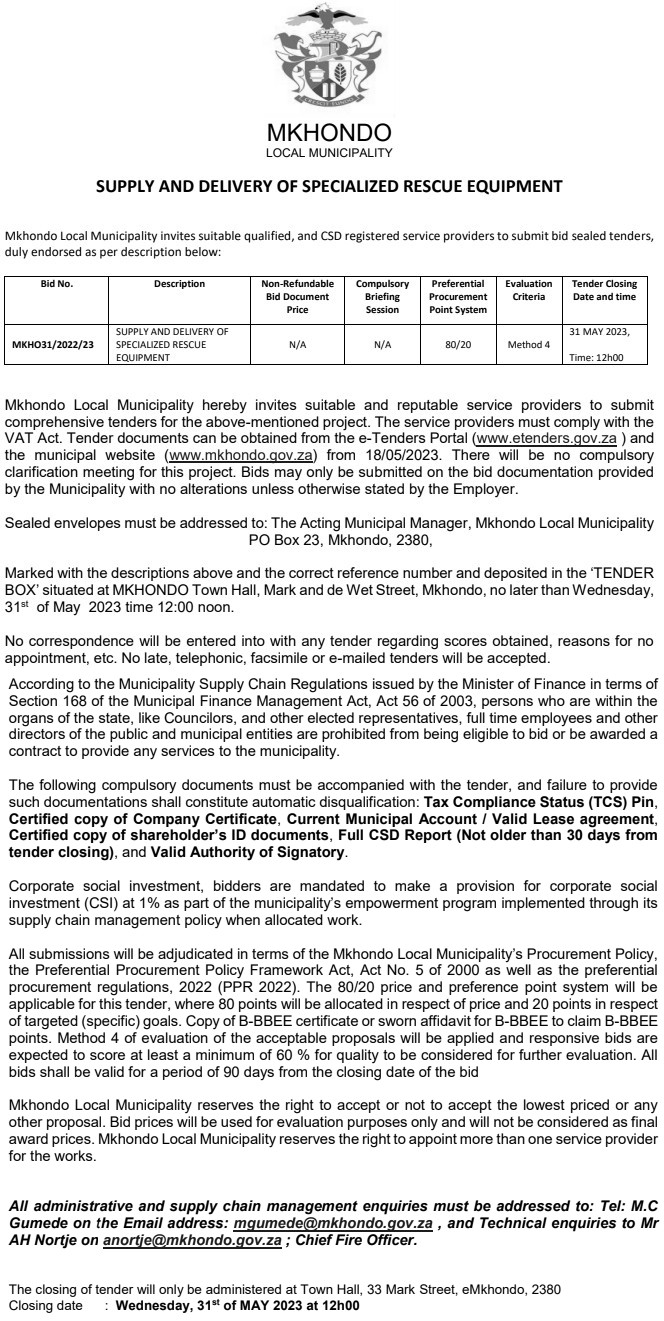 Supply & delivery of specialized rescue equipment