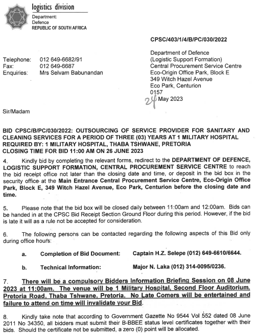 Provision of sanitary & cleaning services for 3 years at 1 Military ...