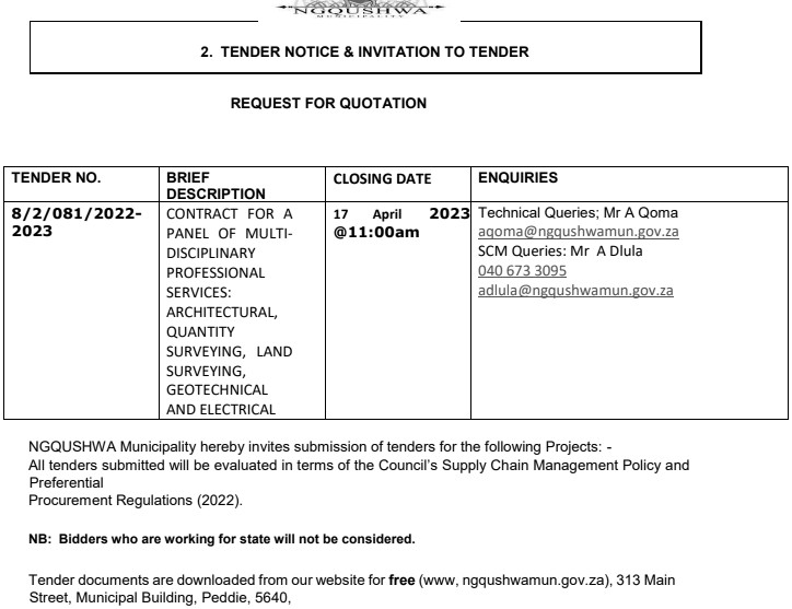 Contract for panel of multi-disciplinary professional services ...